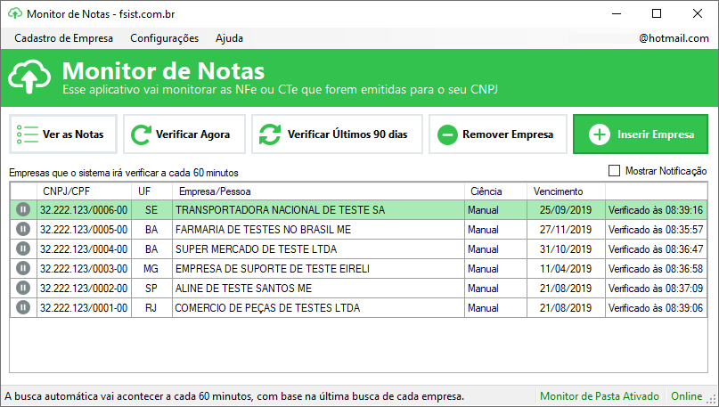 FSist - Monitor de Notas, monitore as NFe e CTe emitidas para o seu CNPJ
